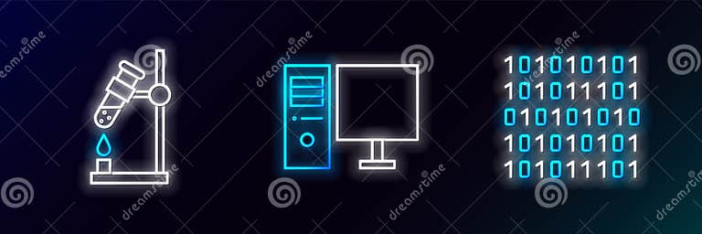 Set Line Binary Code, Test Tube Flask on Fire and Computer Monitor Icon ...