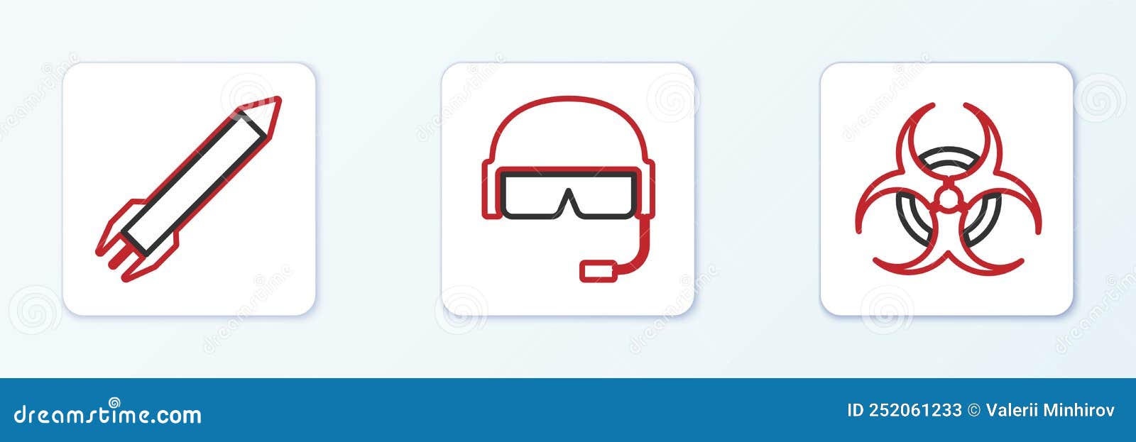 Set Line Biohazard Symbol, Rocket and Military Helmet Icon. Vector ...