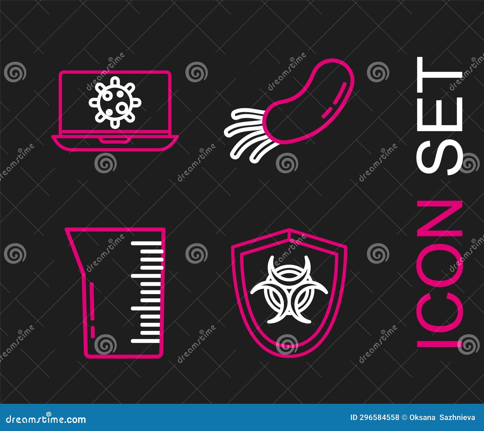 Set Line Biohazard Symbol on Shield, Laboratory Glassware or Beaker ...