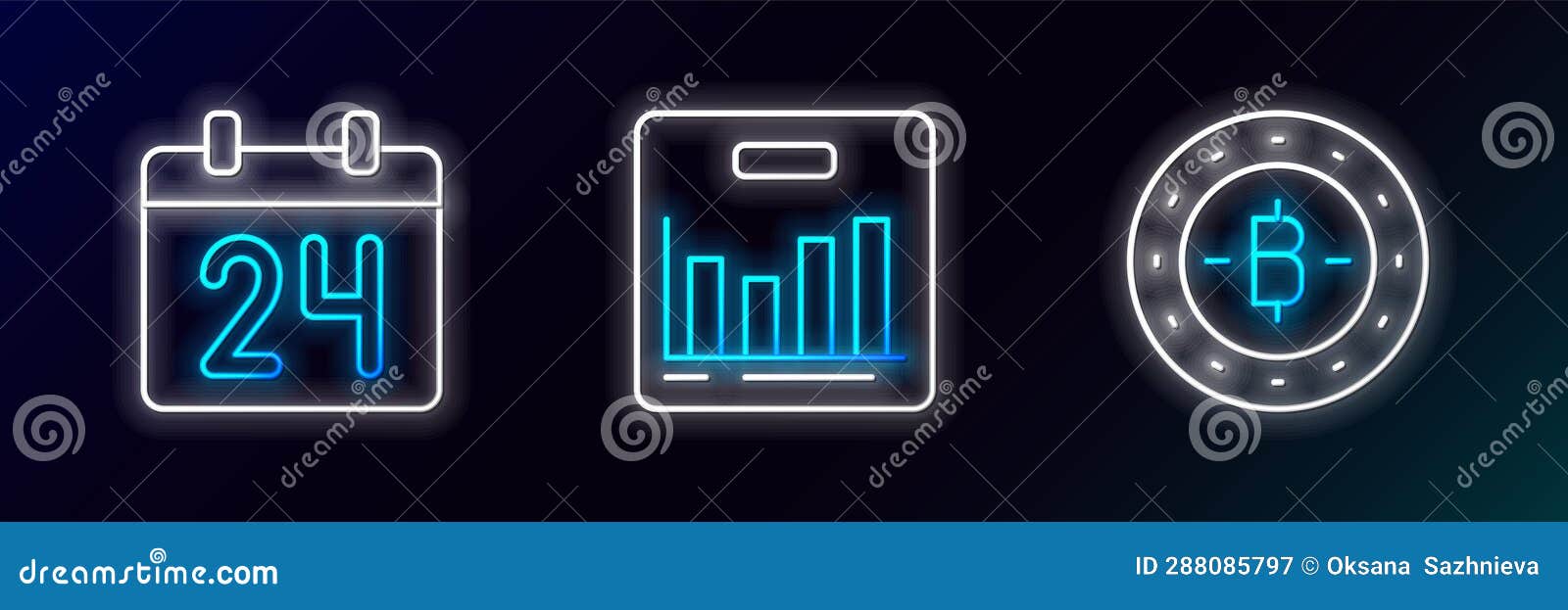 Set Line Bitcoin, Calendar and Pie Chart Infographic Icon. Glowing Neon ...
