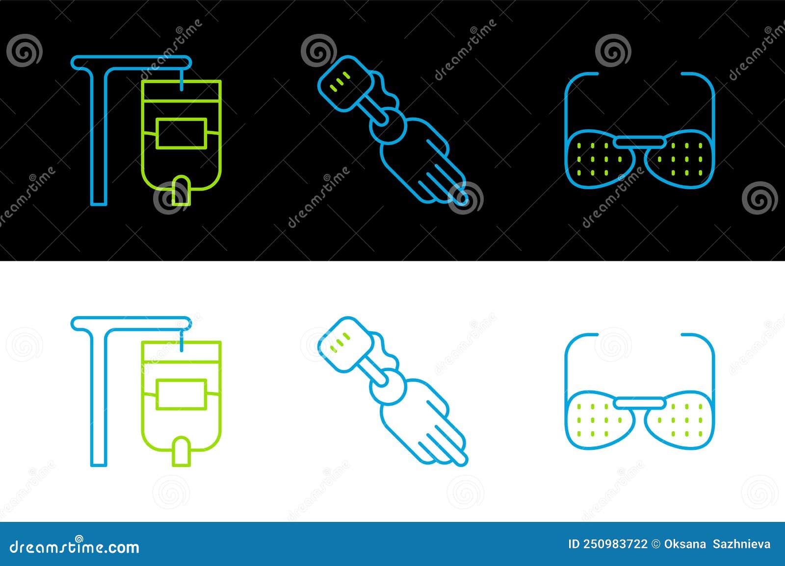 Set Line Blind Human Holding Stick, IV Bag And Hearing Aid Icon. Vector ...