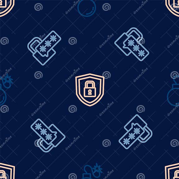 Set Line Bomb, Cyber Security and Shield with Lock on Seamless Pattern ...