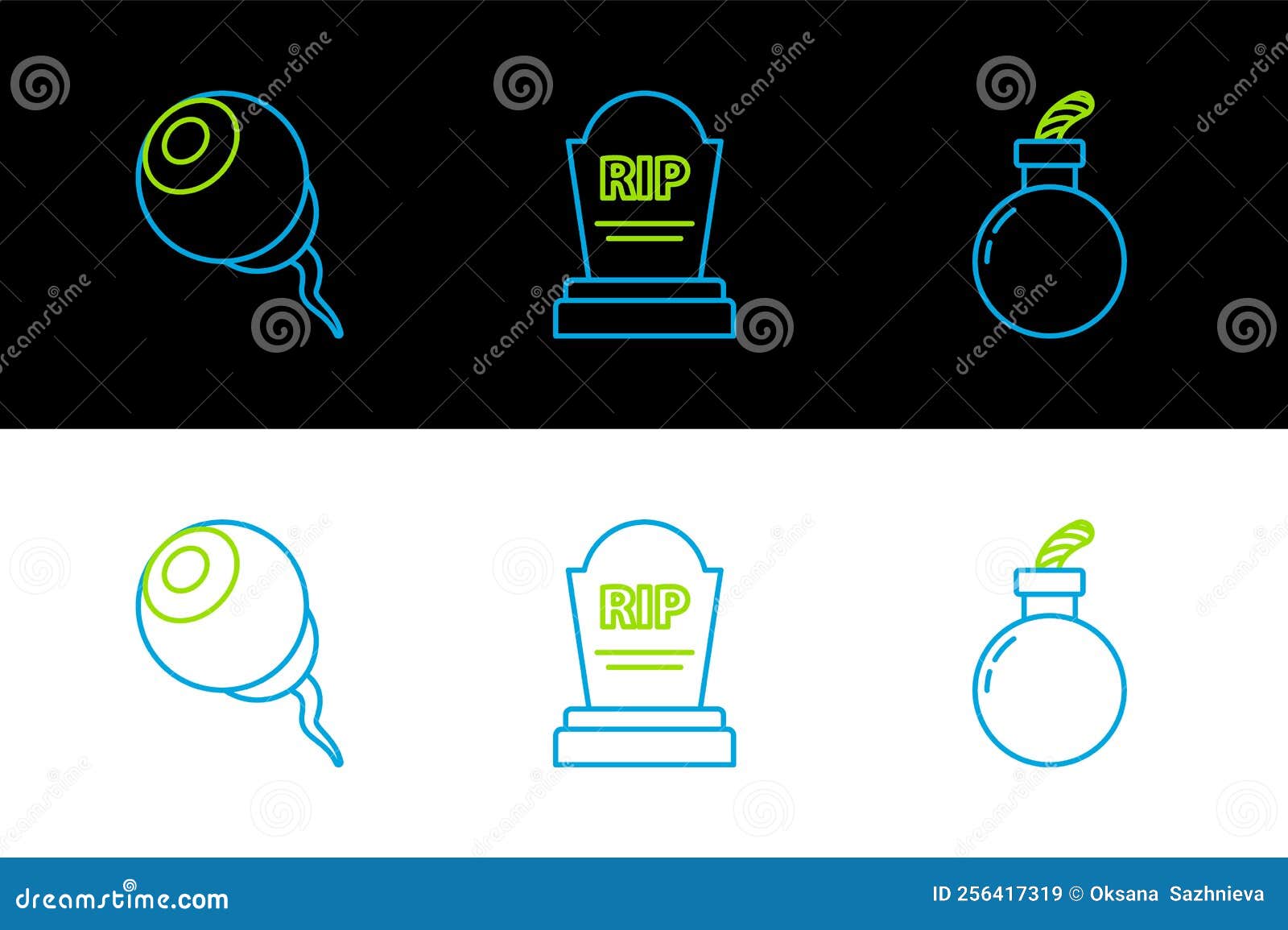 Set Line Bomb Ready To Explode, Eye and Tombstone with RIP Icon. Vector ...