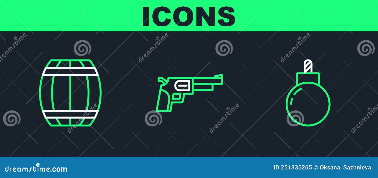 Set Line Bomb Ready To Explode, Gun Powder Barrel and Revolver Gun Icon ...