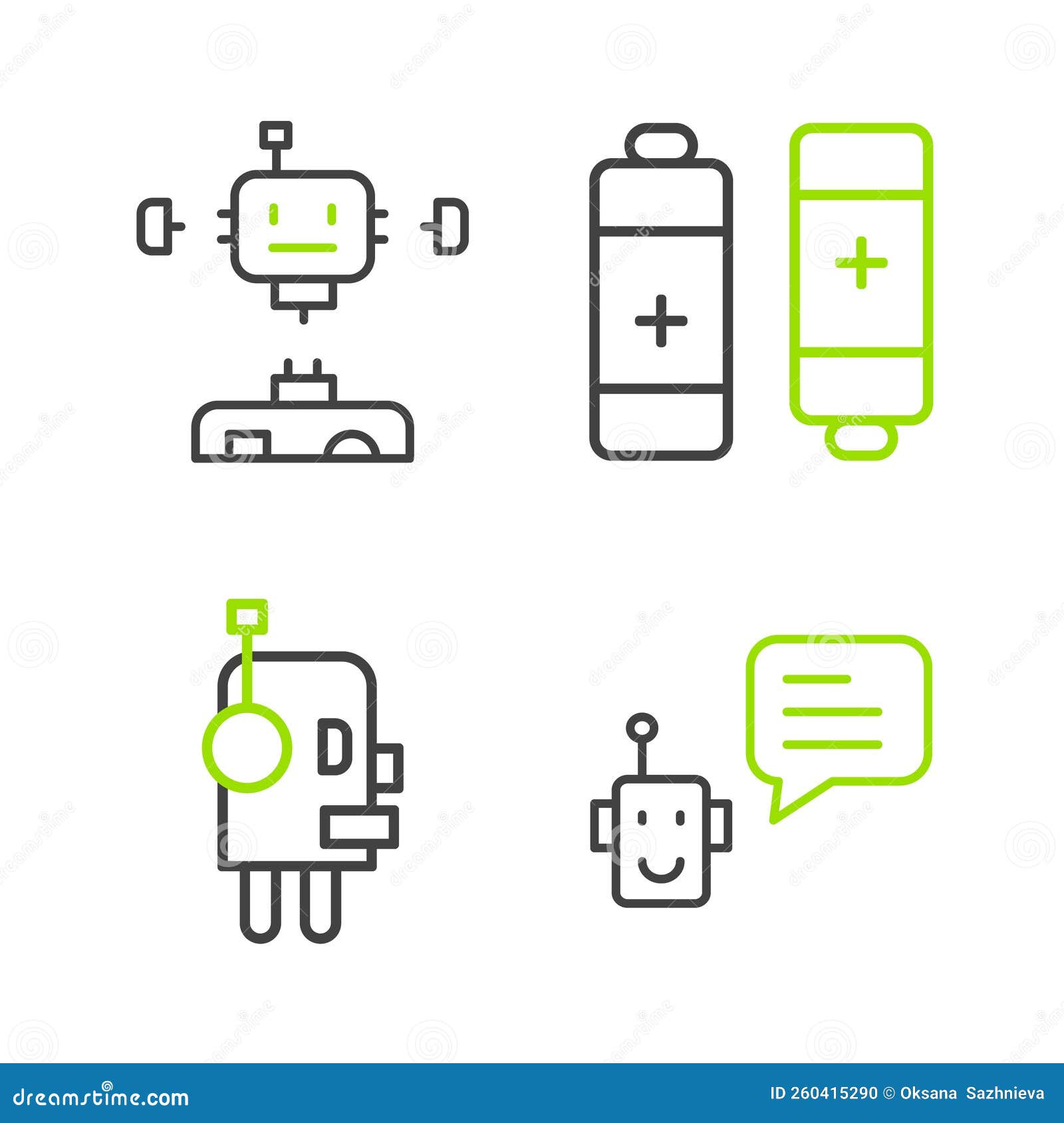 Set Line Bot, Robot, Battery and Disassembled Robot Icon. Vector Stock ...