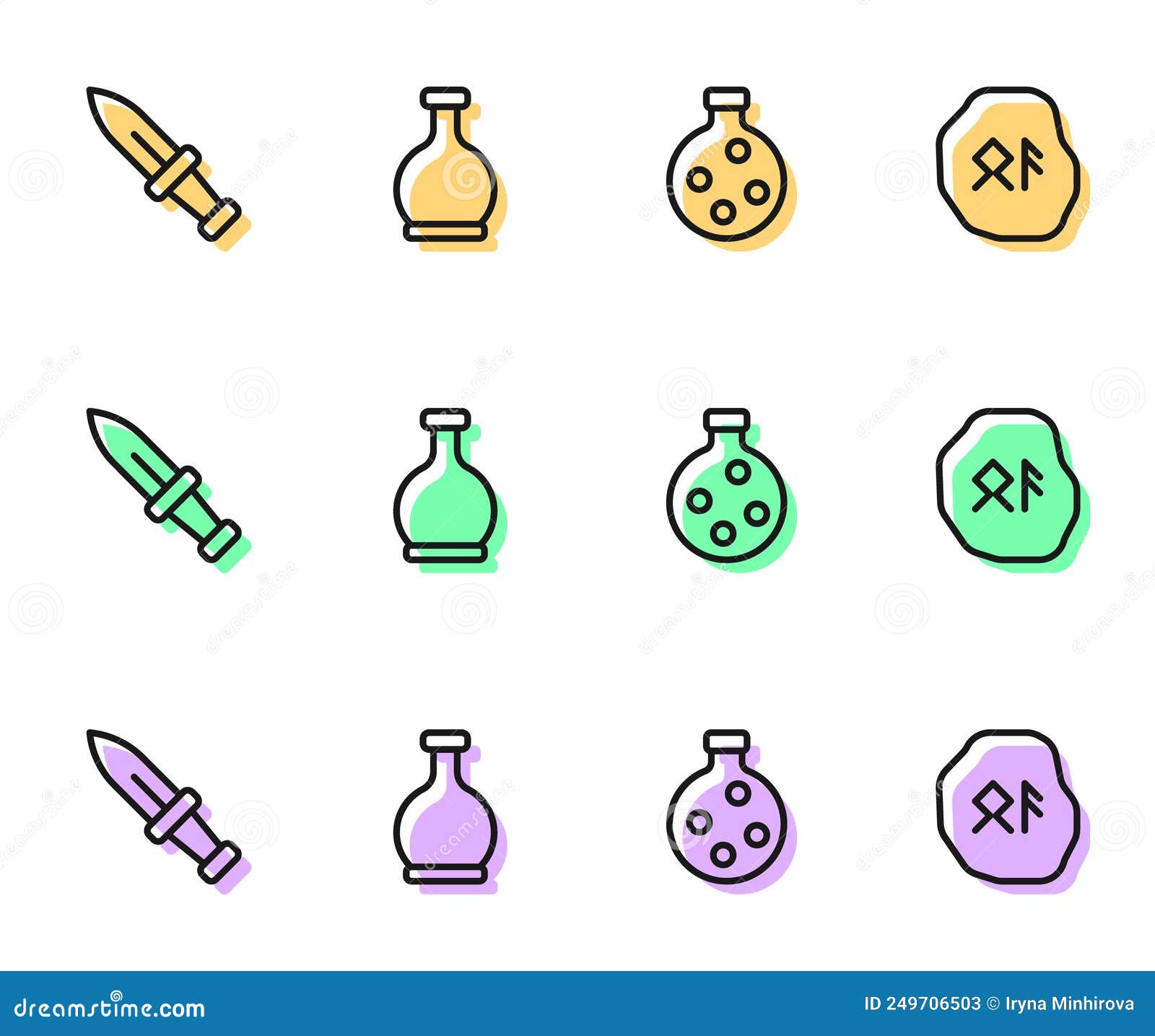 Set Line Bottle with Potion, Dagger, and Magic Runes Icon. Vector Stock ...
