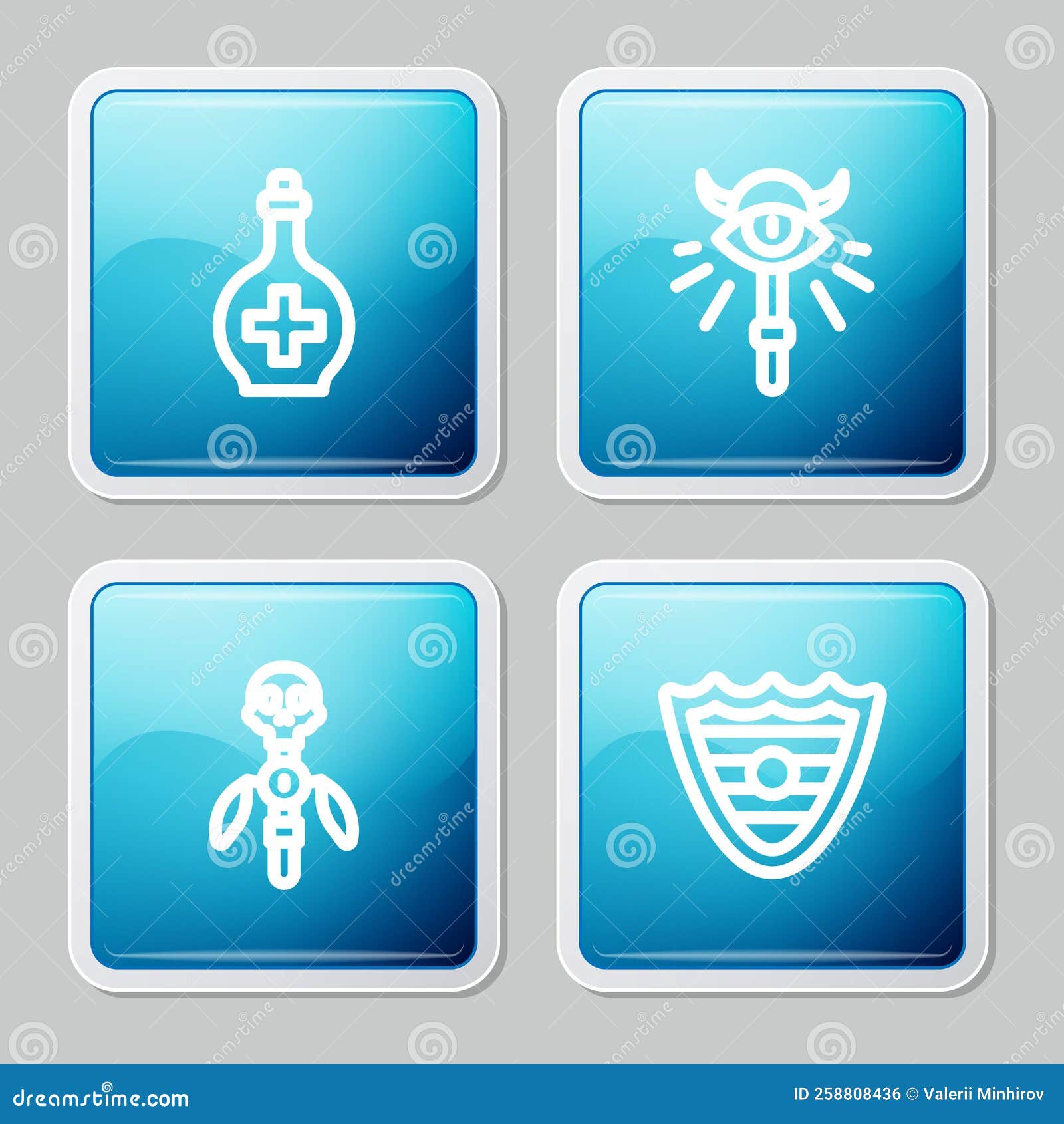 Set Line Bottle with Potion, Magic Staff, and Shield Icon. Vector Stock ...