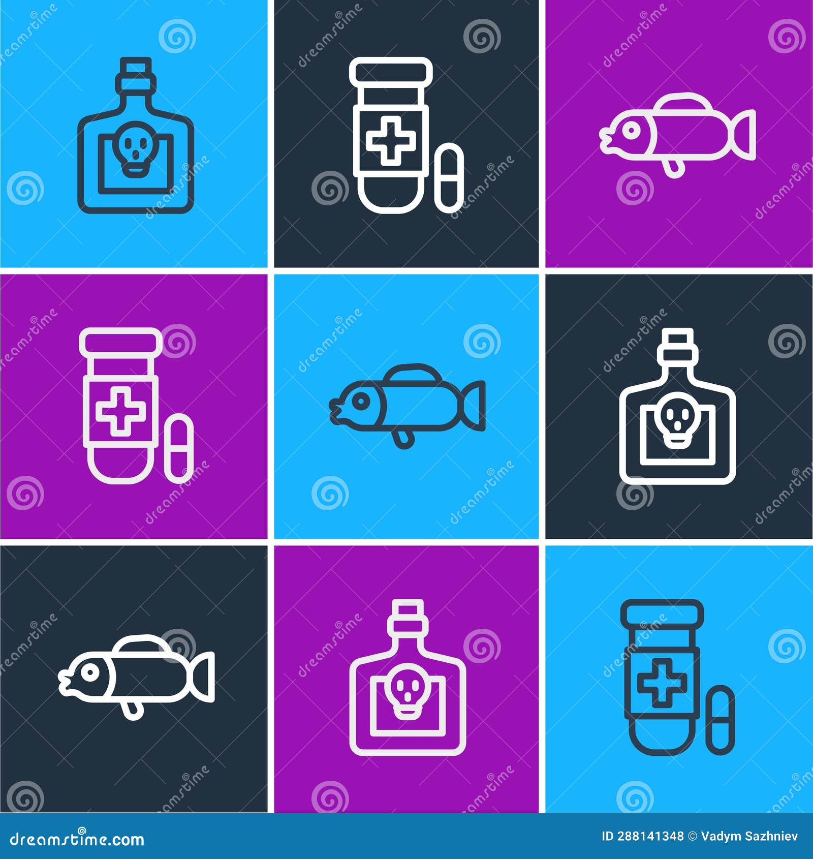 Set Line Bottle with Potion, Puffer Fish and Antidote Icon. Vector ...