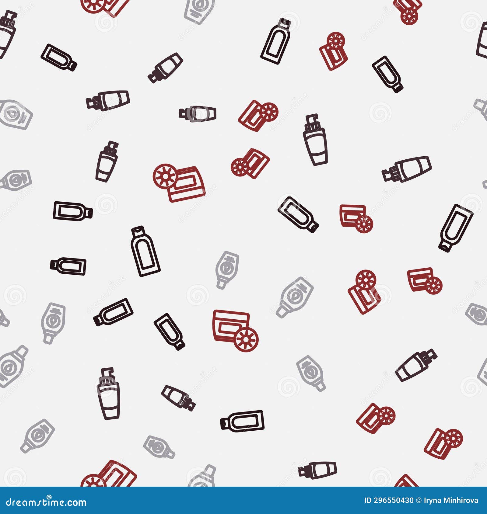 Set Line Bottle of Shampoo, Tube Hand Cream, and Sunscreen in Tube on Seamless Pattern. Vector ...