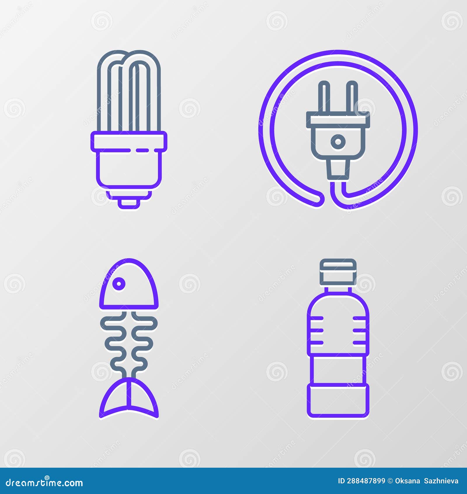 Set Line Bottle of Water, Fish Skeleton, Electric Plug and LED Light ...