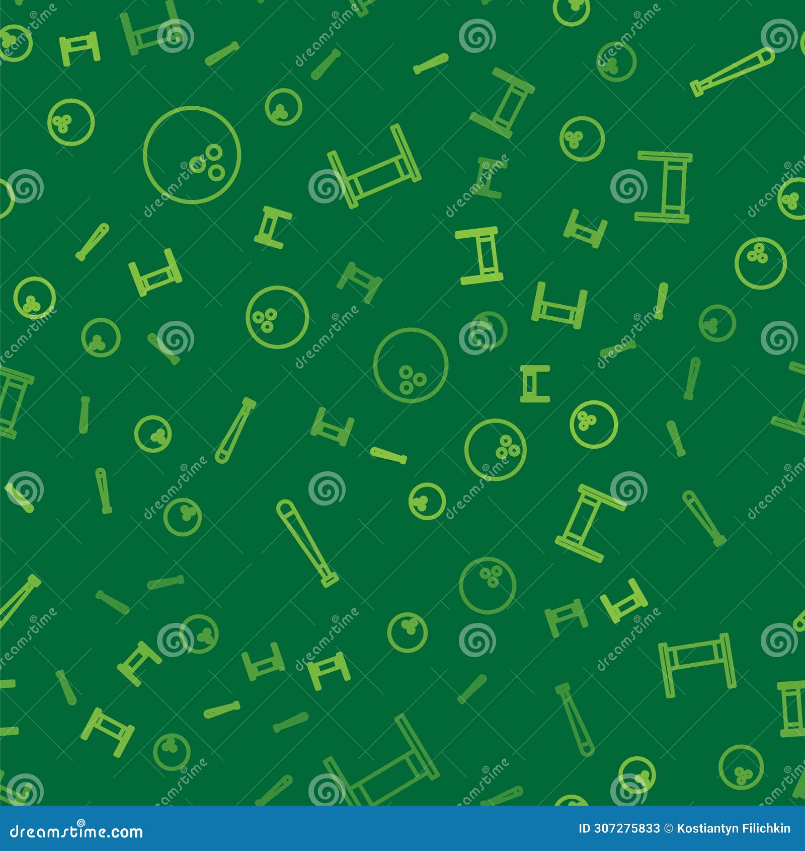 Set Line Bowling Ball, Baseball Bat and Volleyball Net on Seamless ...