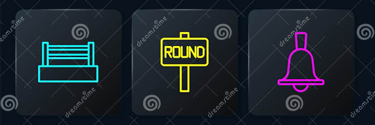Set Line Boxing Ring, Bell and Board. Black Square Button. Vector Stock ...