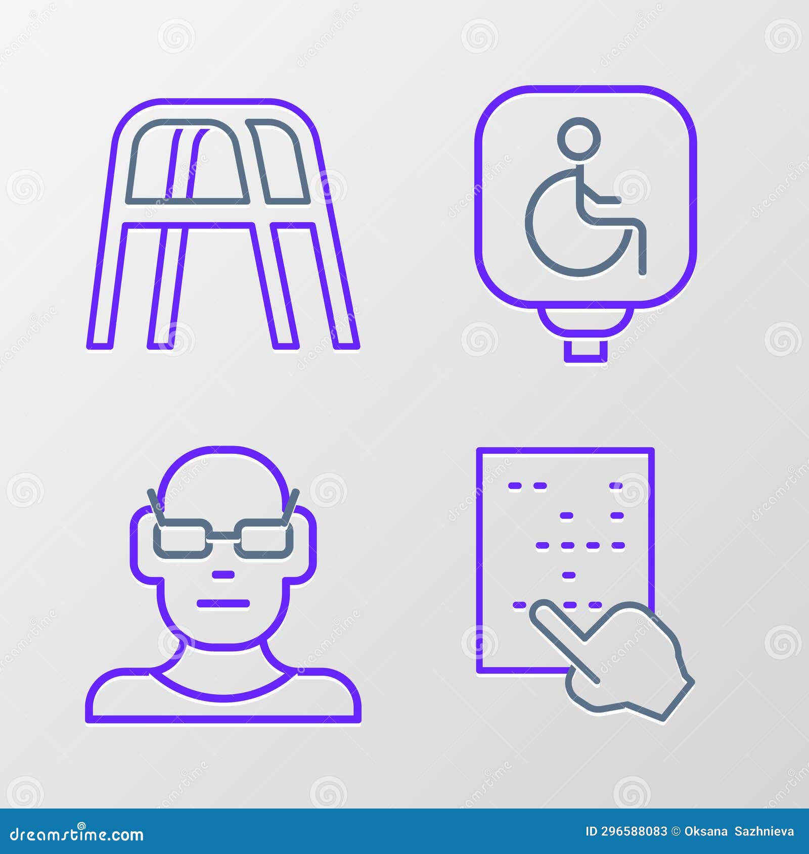 Set Braille, Walker, Walking Stick Cane And Woman Wheelchair On ...