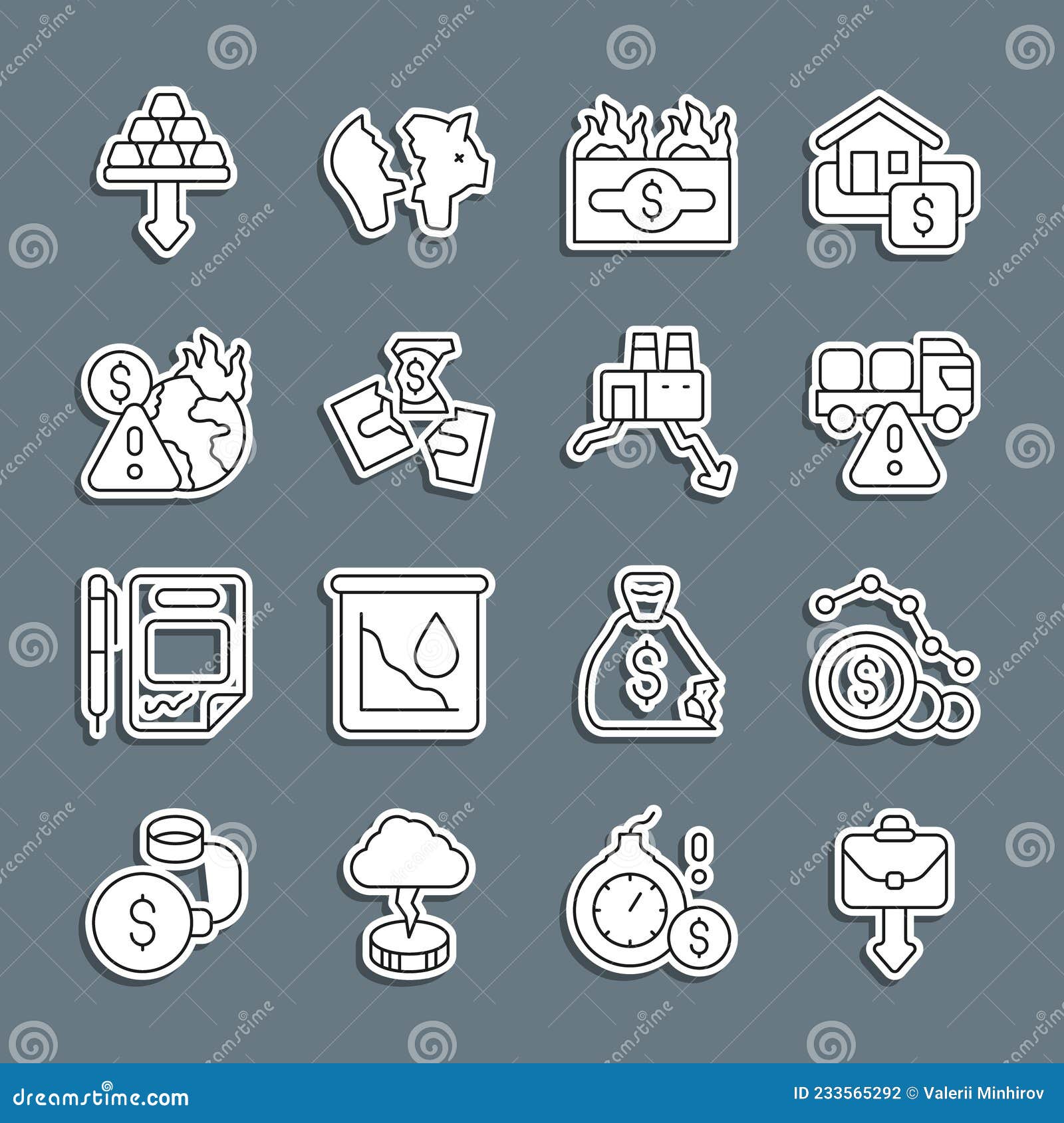 Set Line Briefcase, Dollar Rate Decrease, Stop Delivery Cargo Truck, Burning Dollar Bill ...