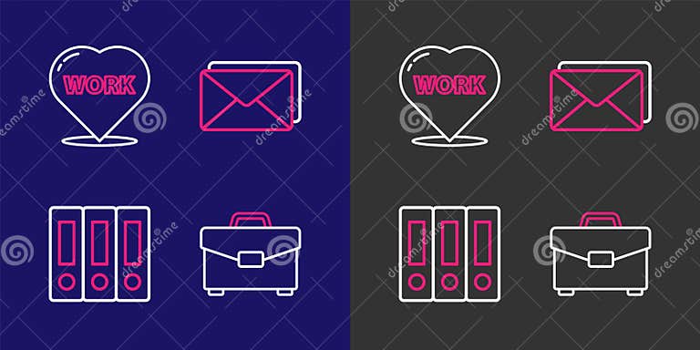 Set Line Briefcase, Office Folders, Envelope and Heart with Text Work ...