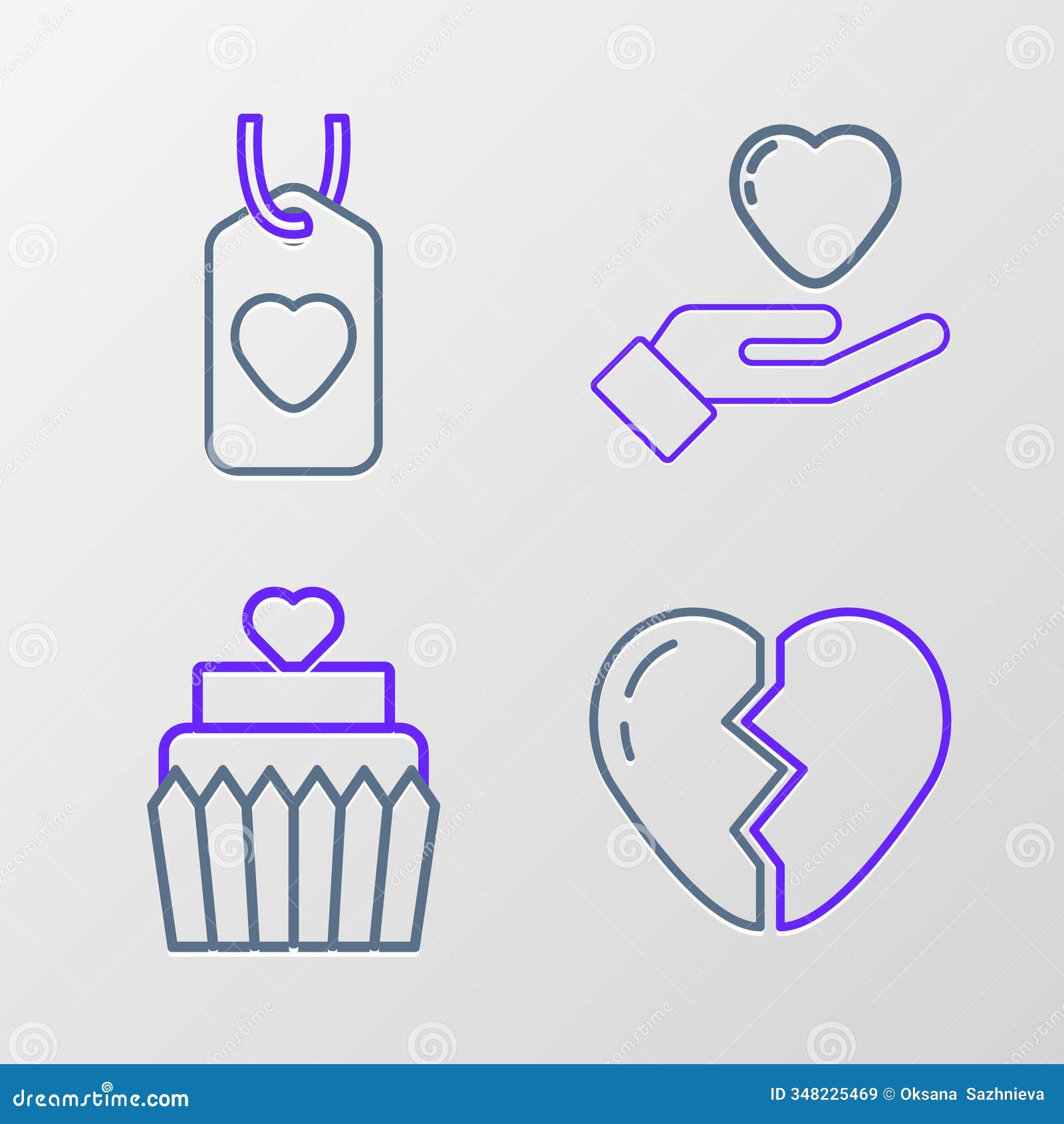 Set Line Broken Heart, Wedding Cake with, Heart Hand and Tag Icon ...