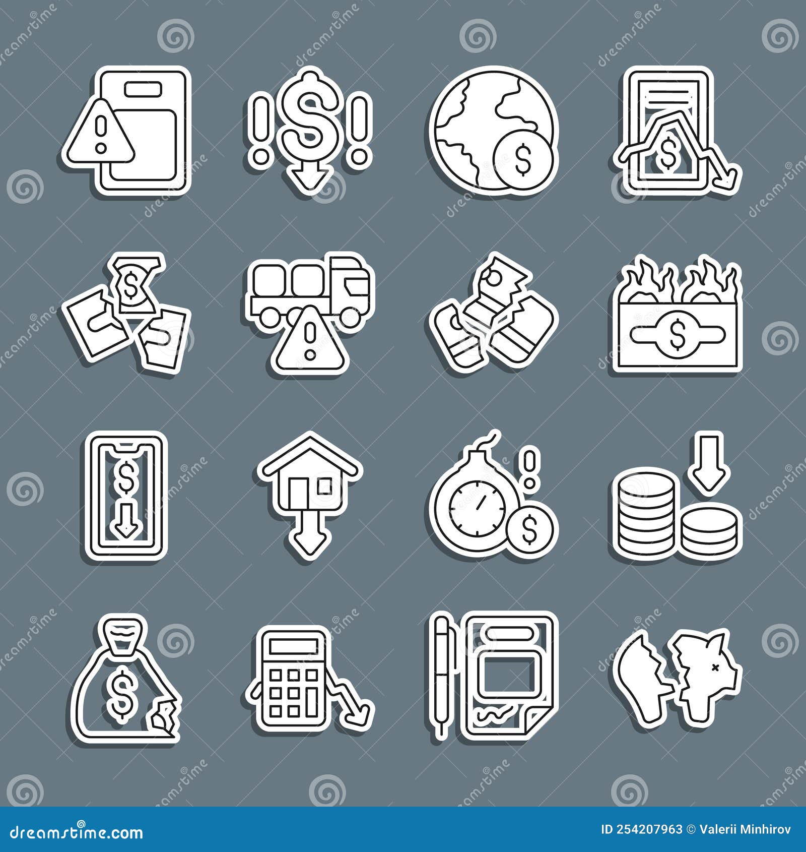 Set Line Broken Piggy Bank, Dollar Rate Decrease, Burning Dollar Bill, Global Economic Crisis ...