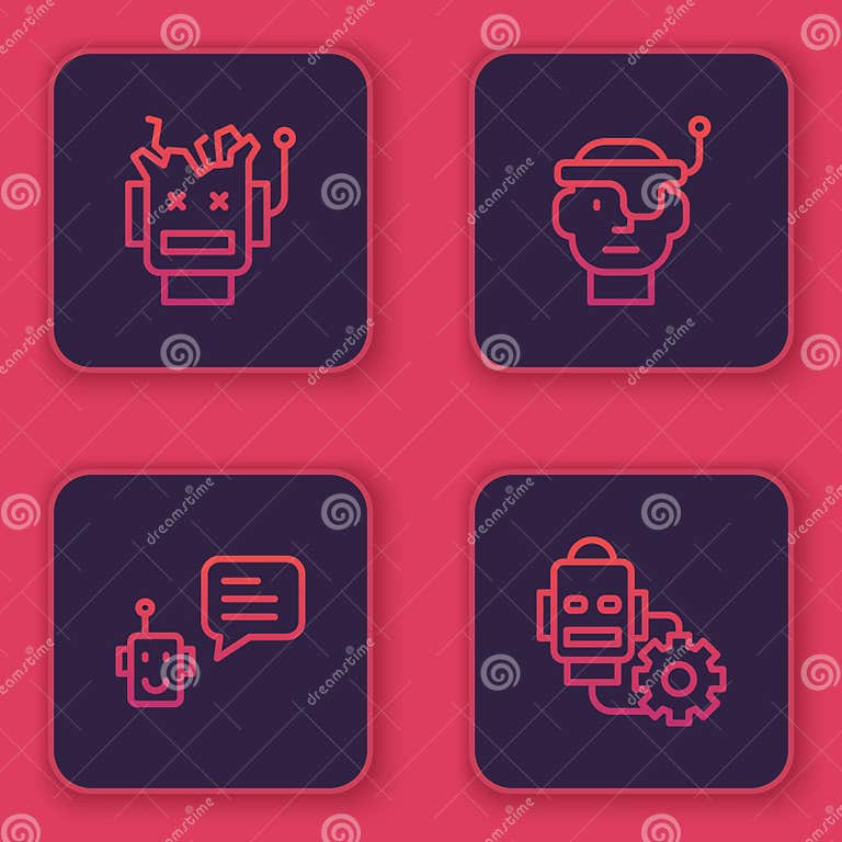 Set Line Broken Robot, Bot, Smart Glasses and Robot Setting. Blue ...