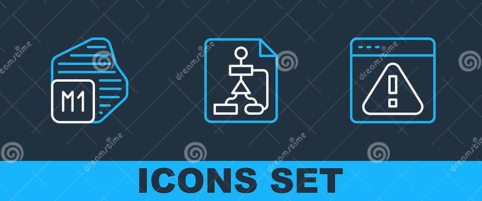 Set Line Browser With Exclamation Mark Processor And Flowchart Icon Vector Stock Vector