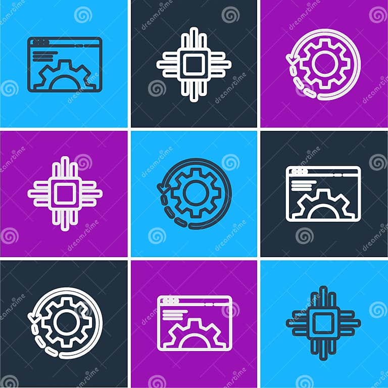 Set Line Browser Setting, Gear and Arrows As Workflow and Processor with Microcircuits CPU Icon ...
