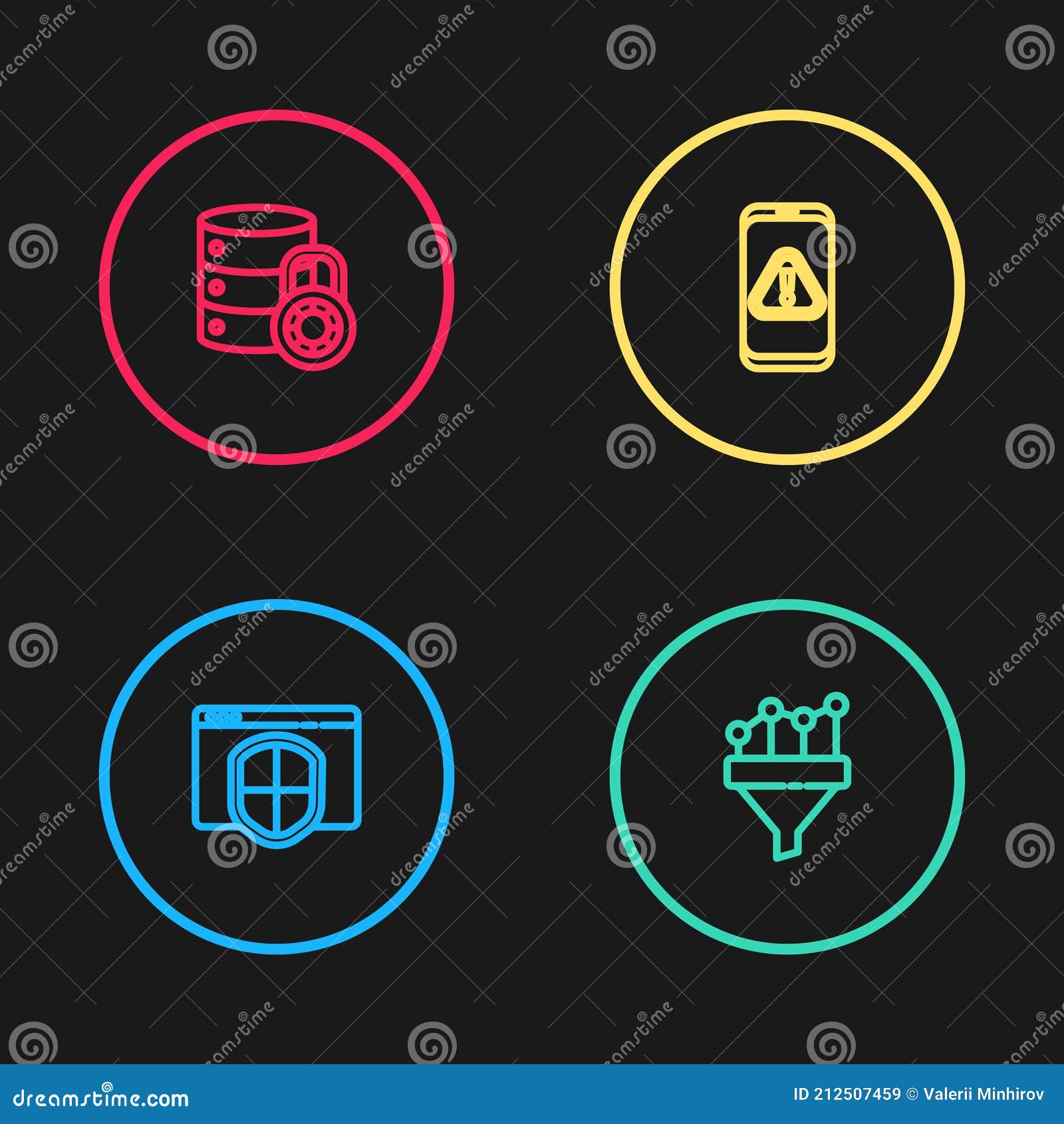 Set Line Browser with Shield, Sales Funnel Chart, Mobile Exclamation Mark and Server Security ...