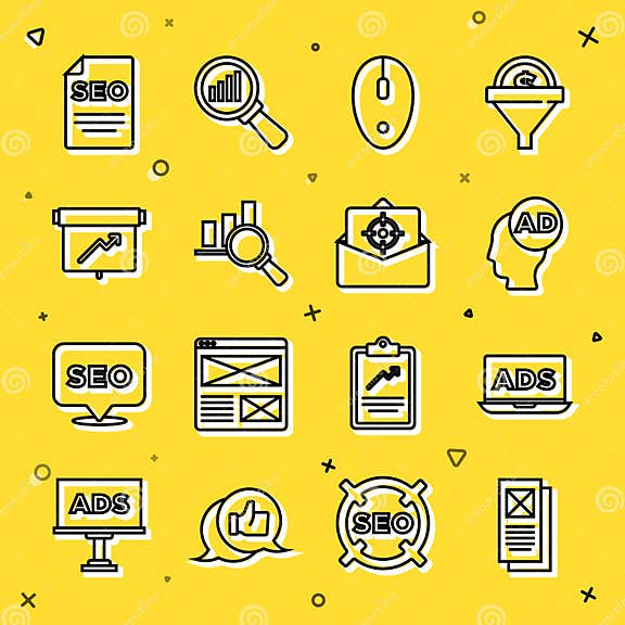 Set Line Browser Window, Advertising, Computer Mouse, Magnifying Glass and Analysis, Board with ...