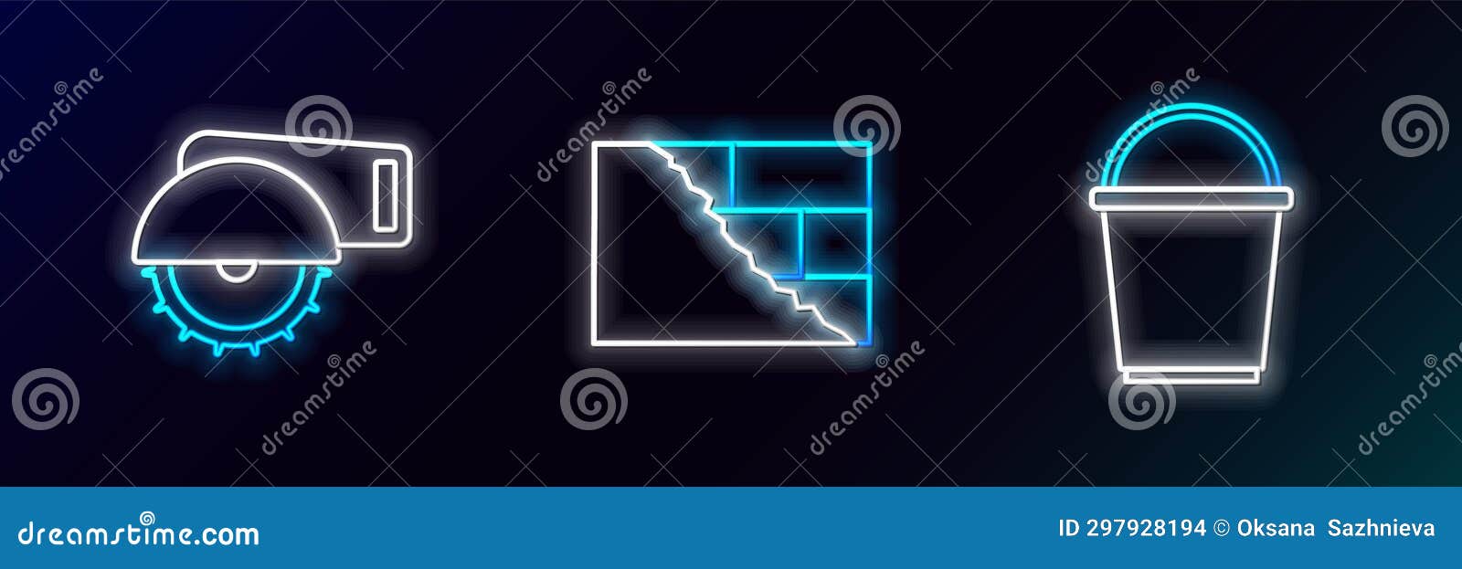 Set Line Bucket, Electric Circular Saw and Bricks Icon. Glowing Neon ...