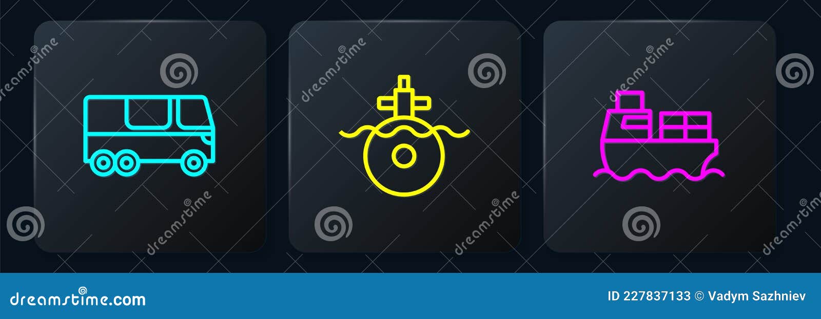 Set Line Bus, Cargo Ship with Boxes Delivery and Submarine. Black ...
