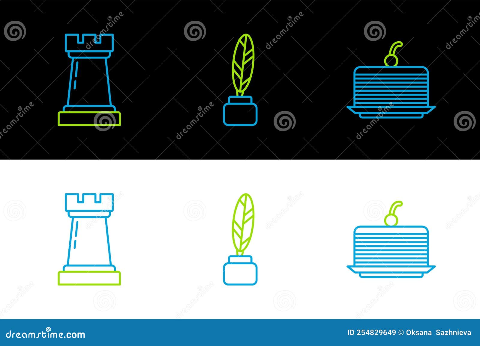Set Line Cake, Chess Symbol and Feather and Inkwell Icon. Vector Stock ...