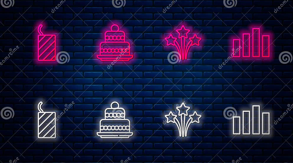 Set Line Cake, Firework, Rocket and Music Equalizer. Glowing Neon Icon ...
