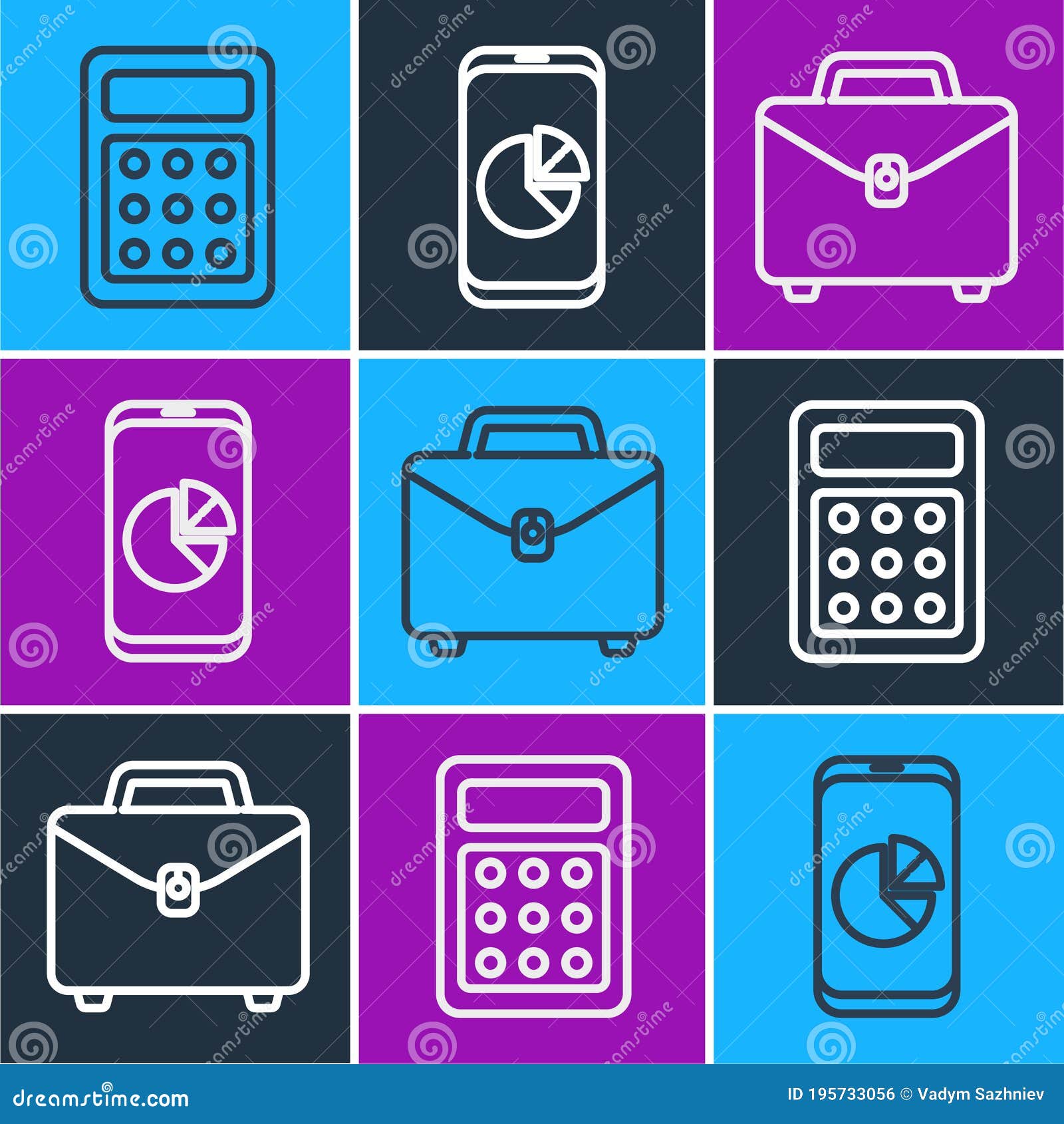 Set Line Calculator, Briefcase and Mobile Phone with Graph Chart Icon ...