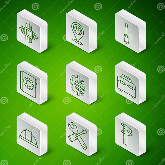 Set Line Calliper or Caliper and Scale, Screwdriver Wrench Spanner, Processor with Microcircuits ...