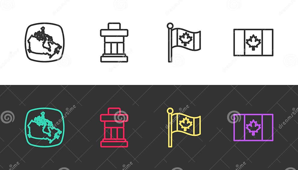 Set Line Canada Map, Inukshuk, Flag of and on Black and White. Vector ...