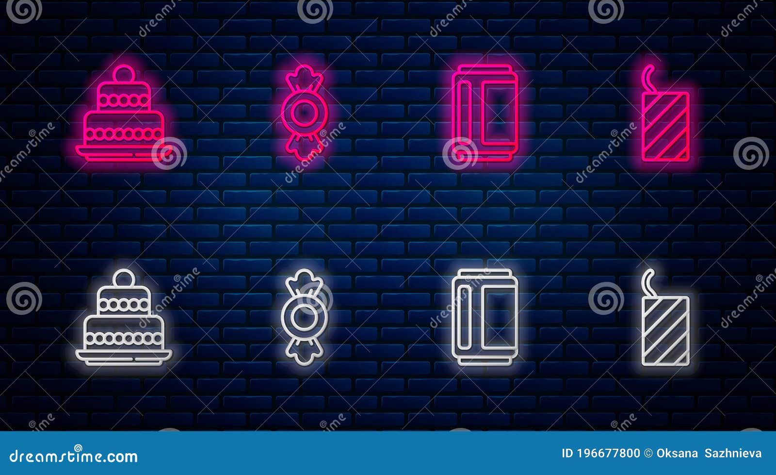 Set Line Candy, Beer Can, Cake and Firework Rocket. Glowing Neon Icon ...