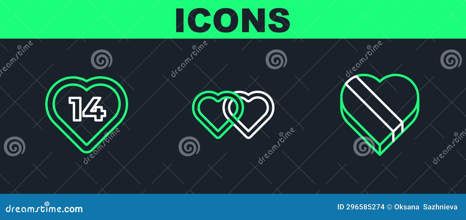 Set Line Candy in Heart Shaped Box, Heart and Two Linked Hearts Icon ...