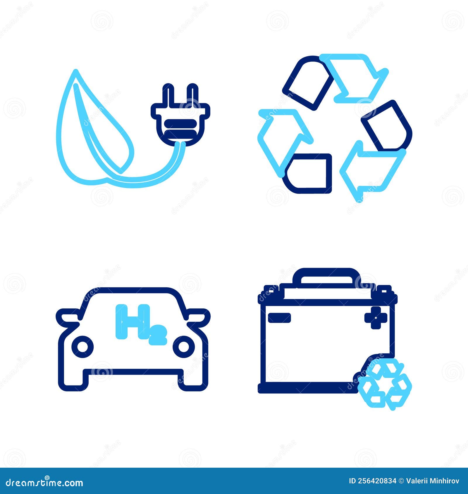 Set Line Car Battery with Recycle, Hydrogen Car, Recycle Symbol and ...