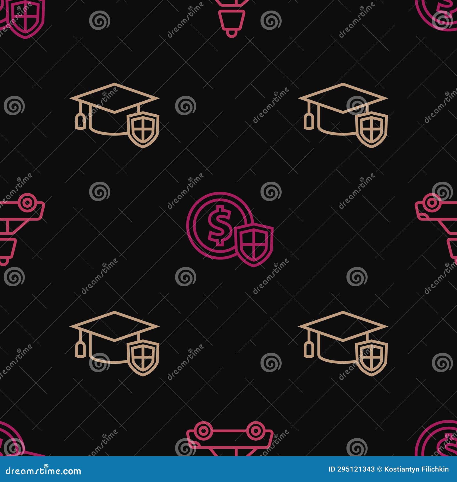 Set Line Car Insurance, Graduation Cap with Shield and Money on ...