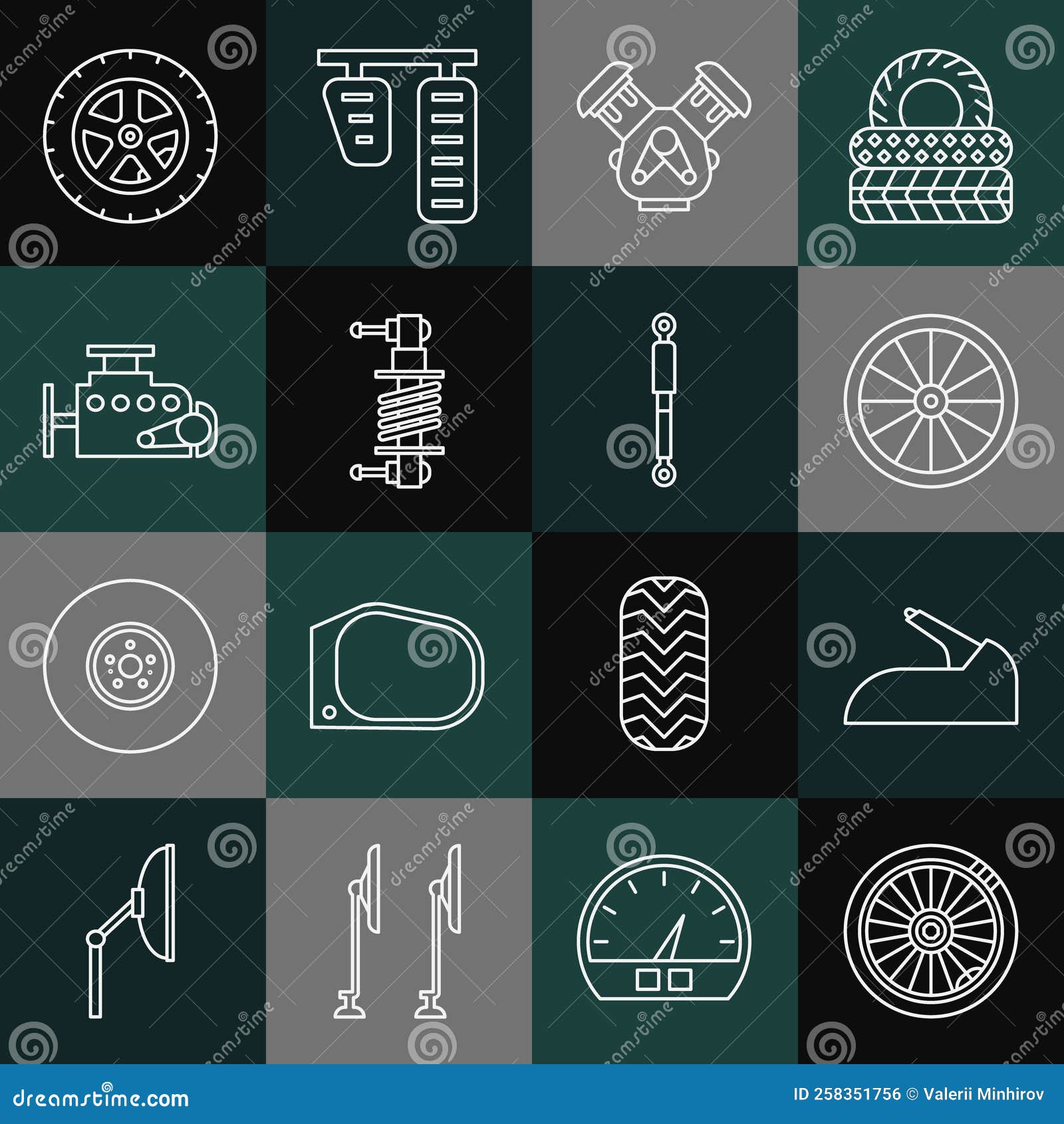 Set Line Car Wheel, Handbrake, Engine, Shock Absorber, and Icon. Vector ...