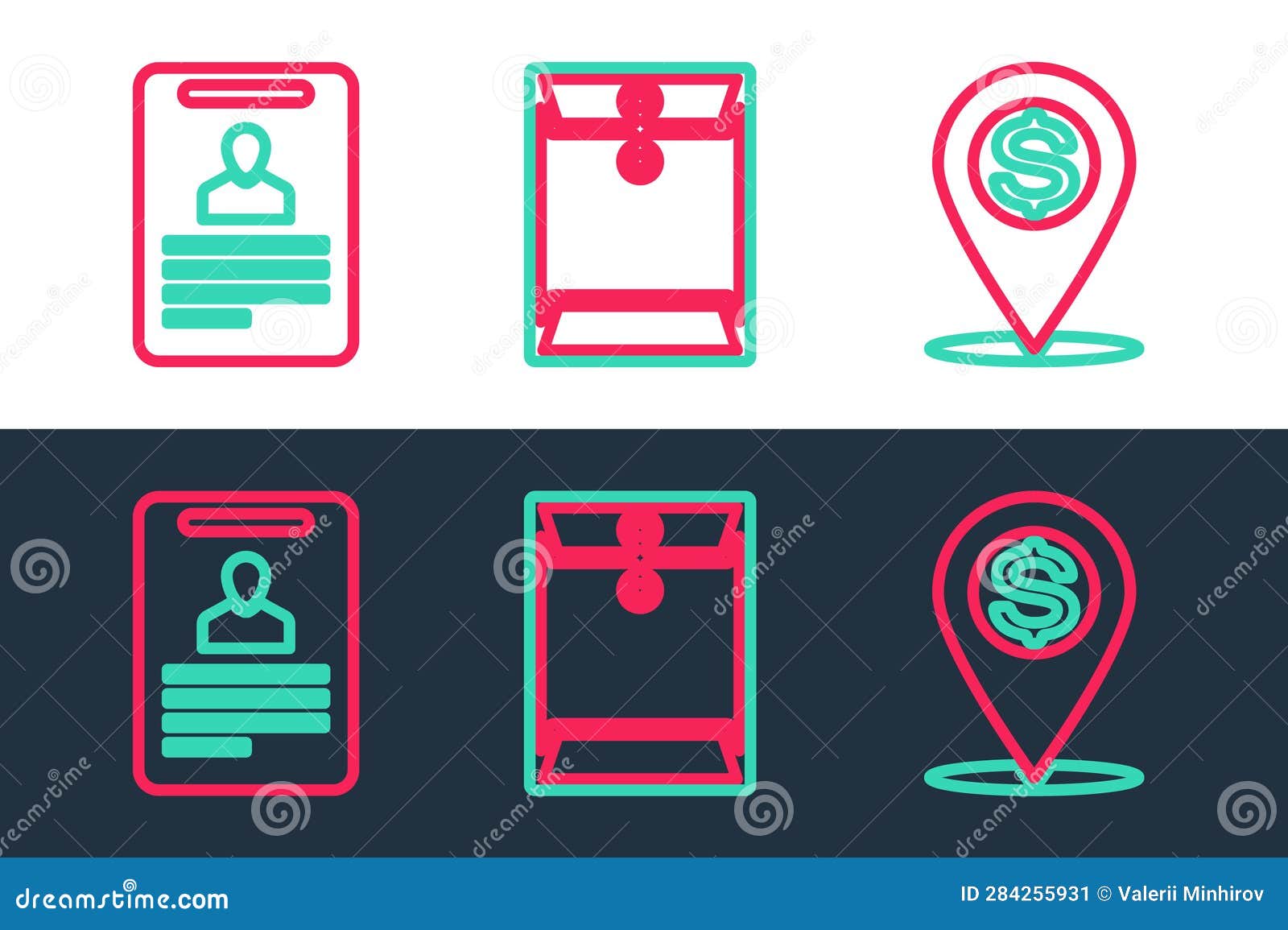 Set Line Cash Location Pin, Identification Badge and Envelope Icon ...