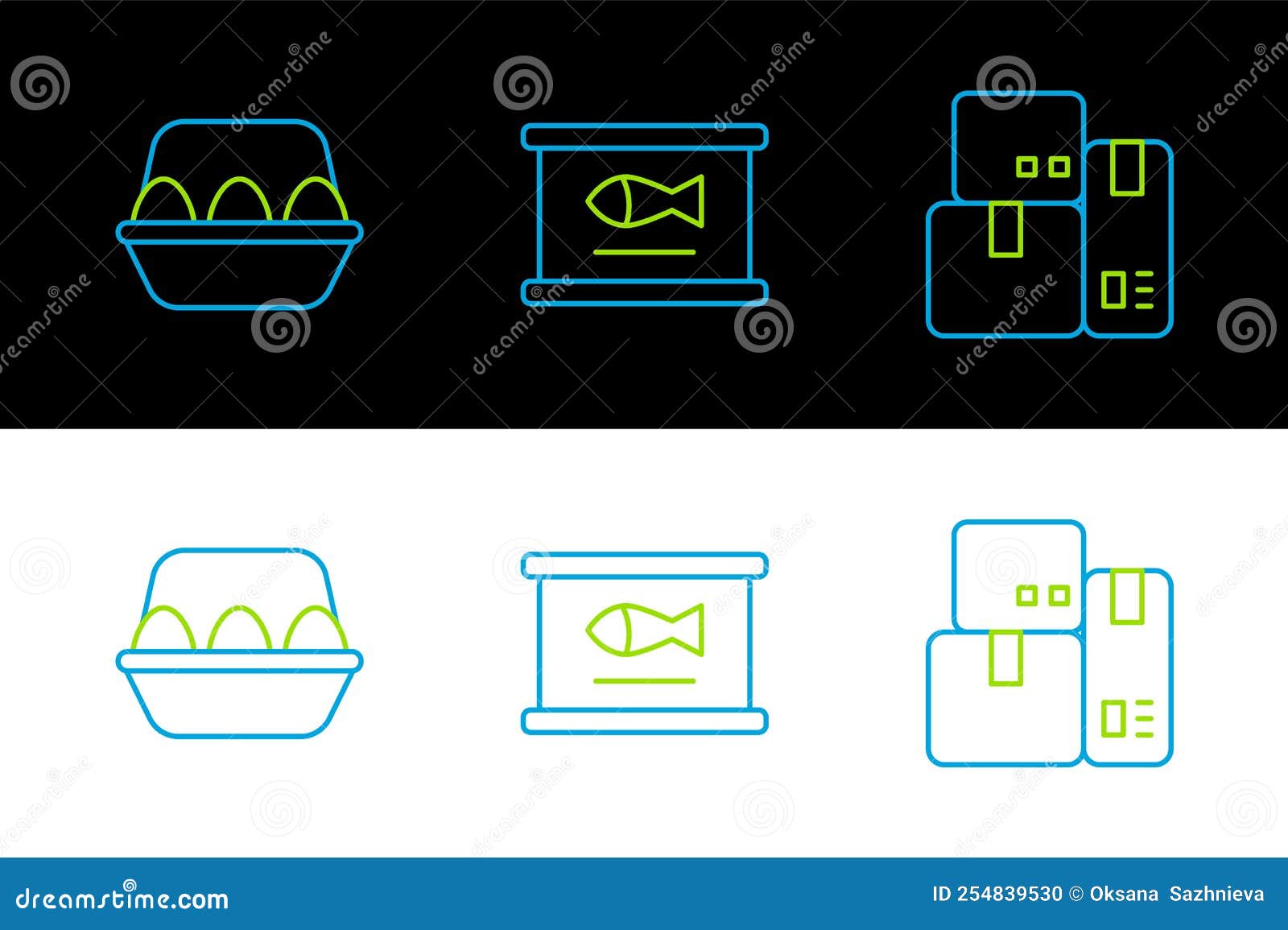 Set Line Cash Register Machine, Chicken Egg Box and Canned Fish Icon ...