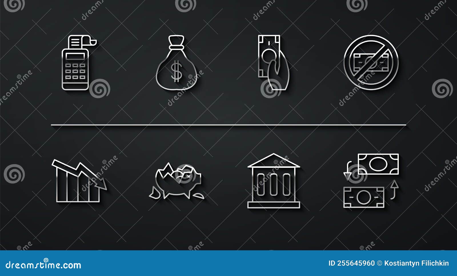 Set Line Cash Register Machine, Financial Growth Decrease, No Money, Bank Building, Broken Piggy ...