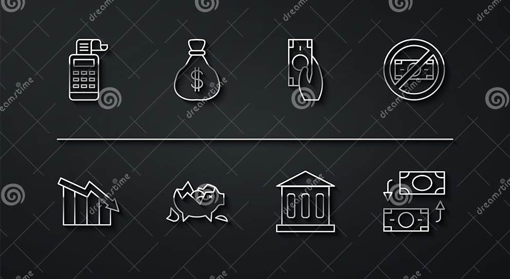 Set Line Cash Register Machine, Financial Growth Decrease, No Money, Bank Building, Broken Piggy ...
