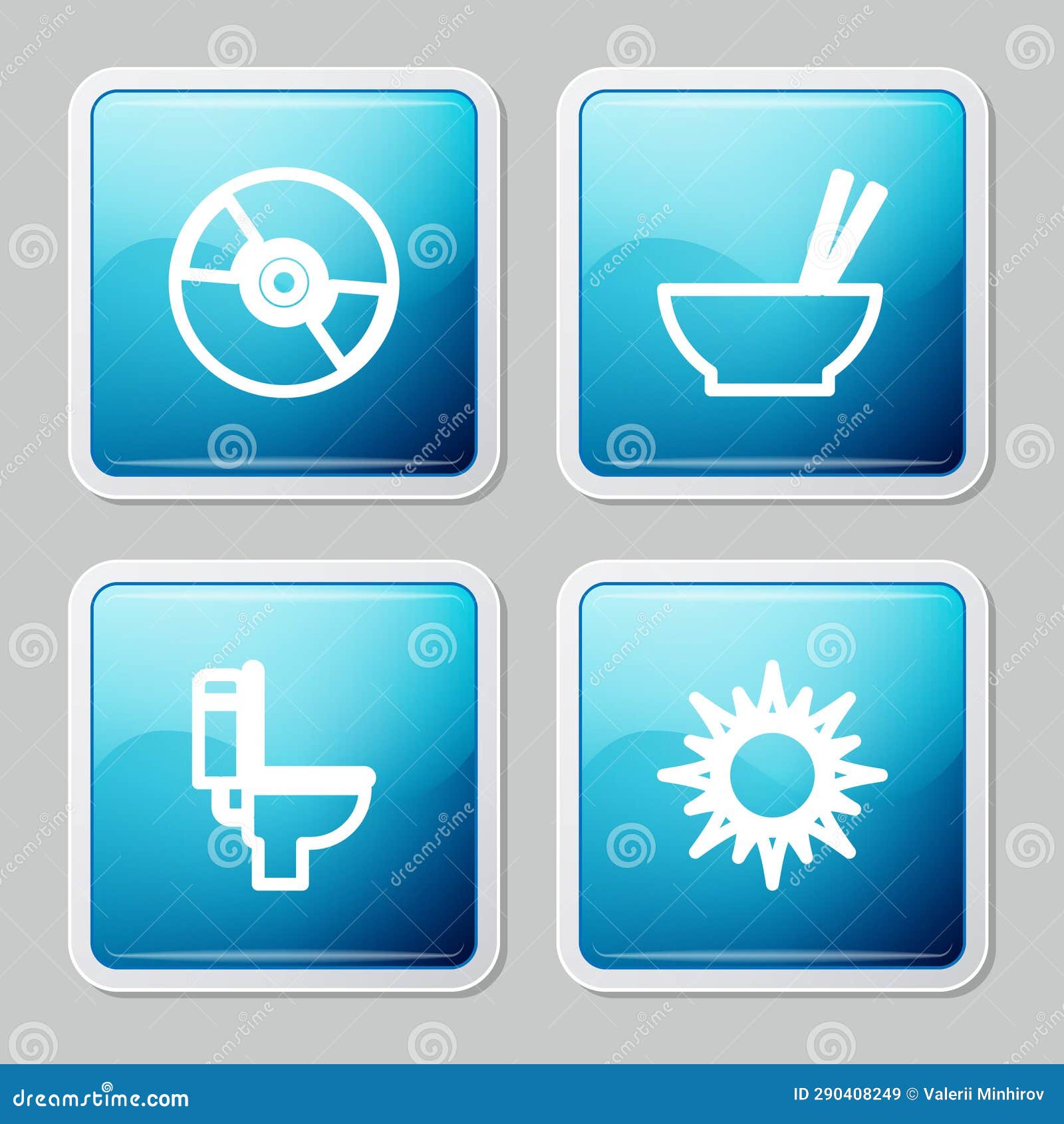 Set Line CD or DVD Disk, Bowl with Chopsticks, Toilet Bowl and Sun Icon ...