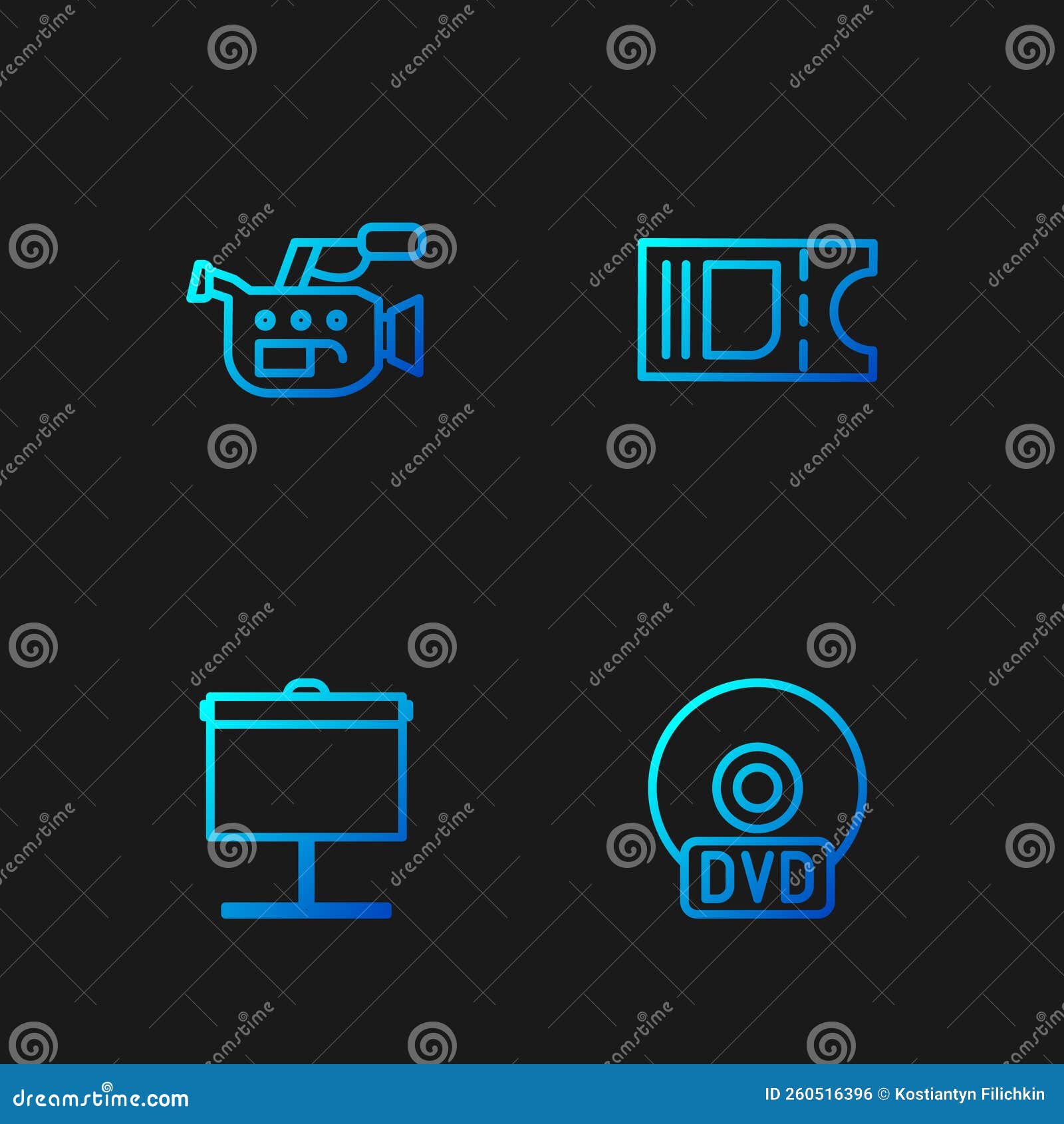 Set Line CD or DVD Disk, Projection Screen, Cinema Camera and Ticket ...