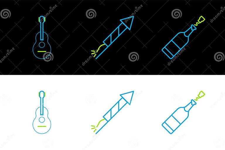 Set Line Champagne Bottle, Guitar and Firework Rocket Icon. Vector ...