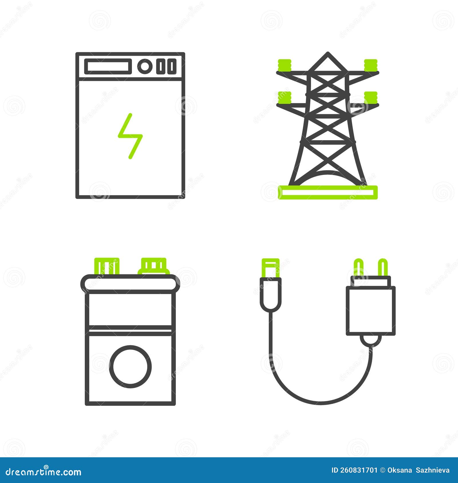 Set Line Charger, Car Battery, High Voltage Power Pole Line and Power ...