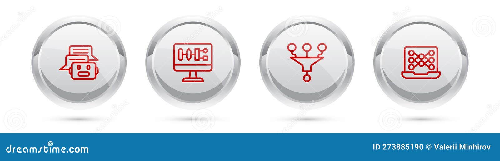 Set Line Chat Bot Algorithm Funnel Filter And Neural Network Silver Circle Button Vector