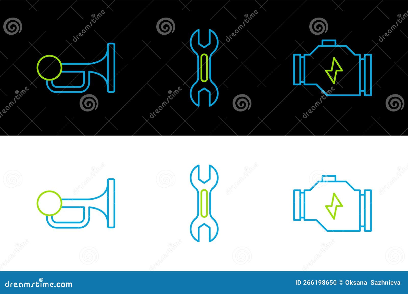 Set Line Check Engine, Signal Horn on Vehicle and Wrench Spanner Icon ...