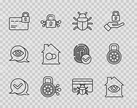 Set Line Check Mark in Speech Bubble, House with Eye Scan, System Bug ... Set Line Check Mark in Speech Bubble, House with Eye Scan, System Bug ...