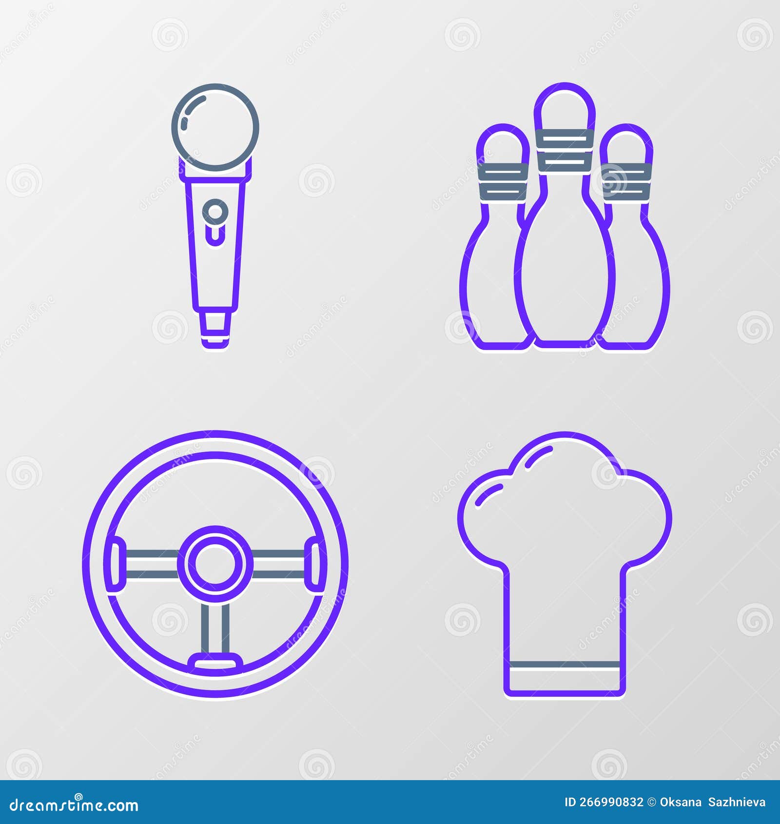 Set Line Chef Hat, Steering Wheel, Bowling Pin and Microphone Icon ...